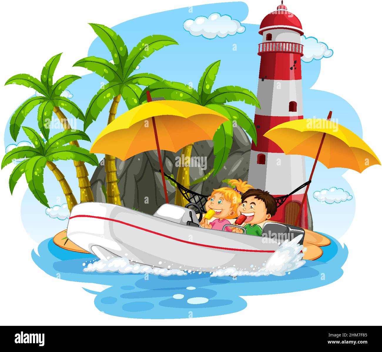 Lighthouse on the island with children on motorboat illustration Stock ...