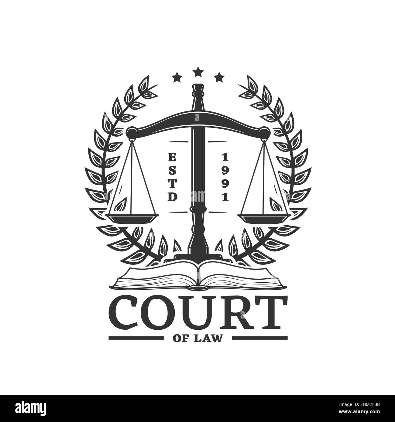 Justice icon with court scales, laurel wreath and opened book. Court ...