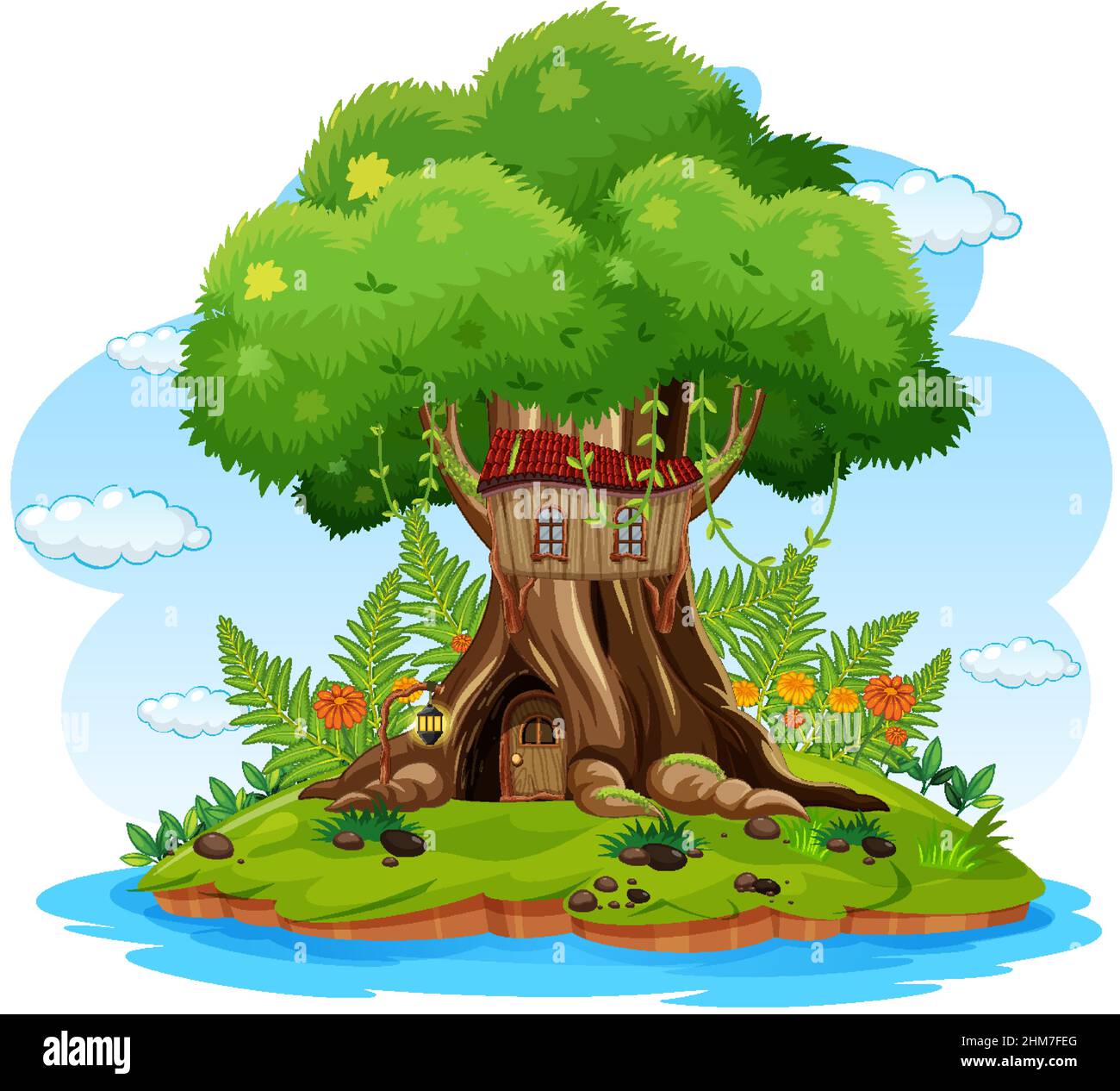 Fantasy tree house inside tree trunk on white background illustration ...