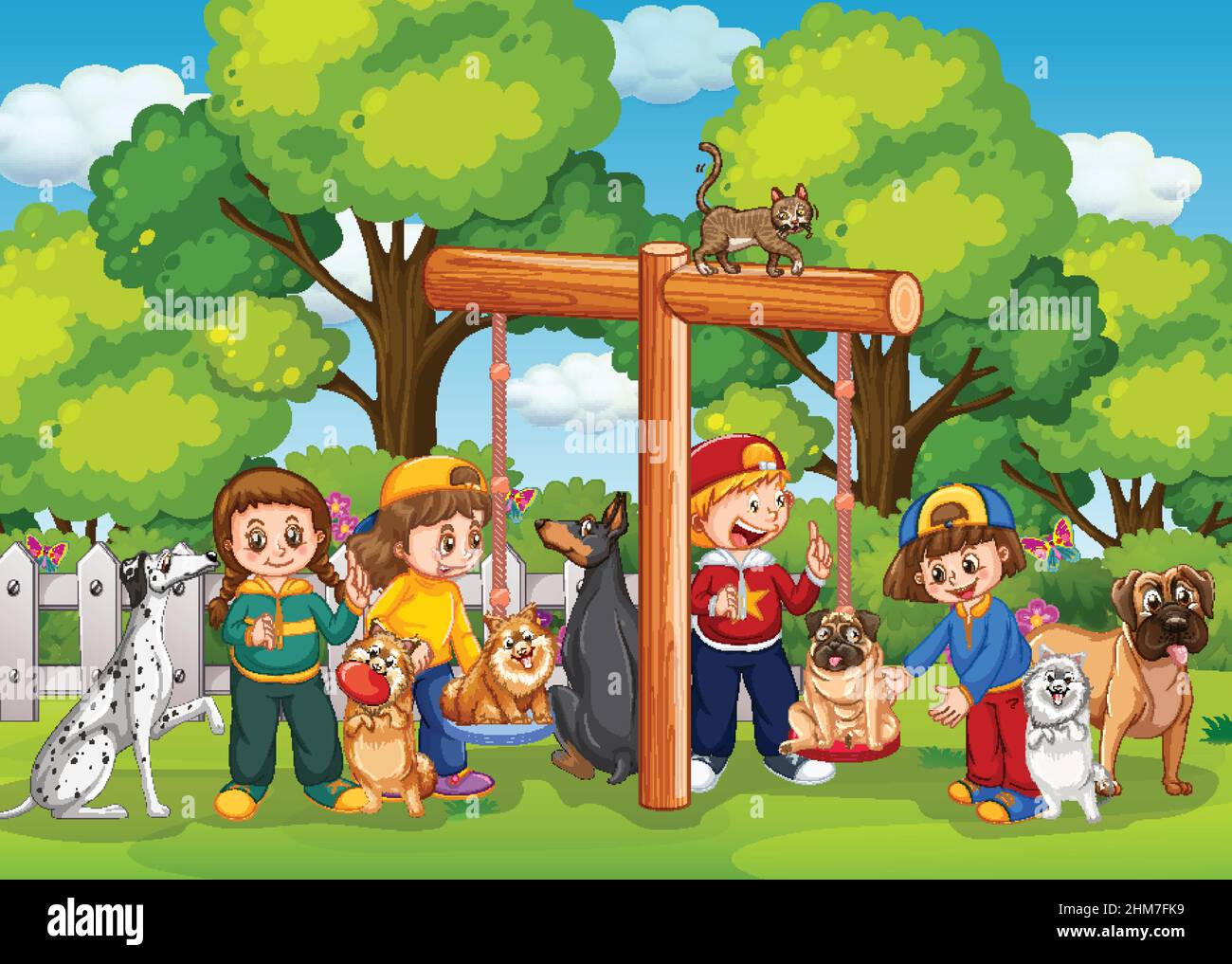 Outdoor scene with children and their dogs illustration Stock Vector ...