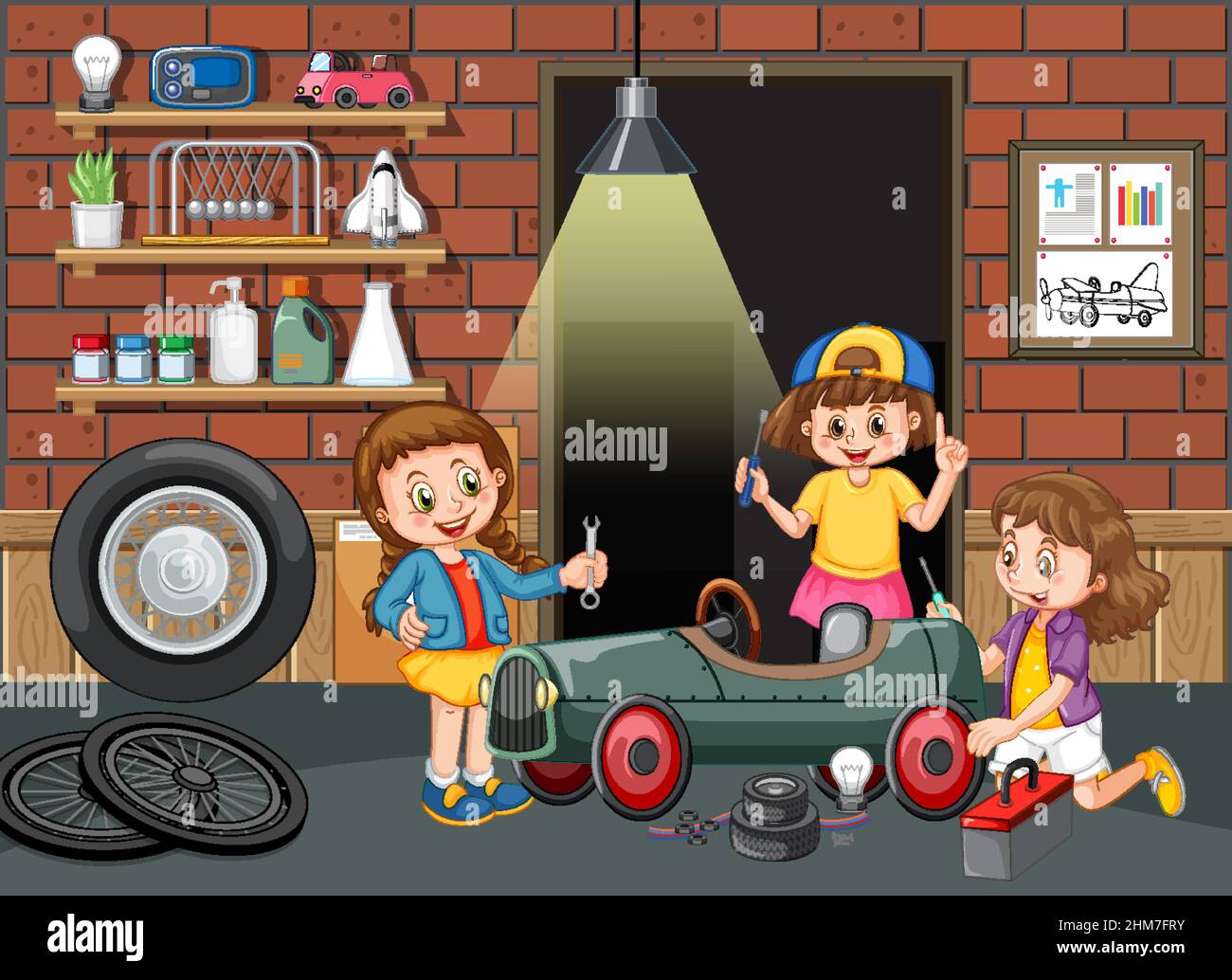 Children repairing a car together in the garage illustration Stock ...