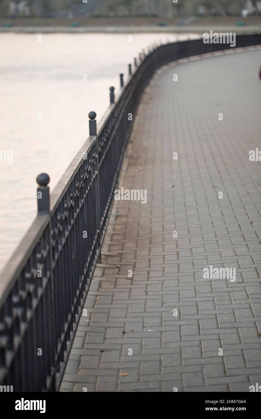 A paved walk and cast iron fence down the river bank. Tall trees in ...