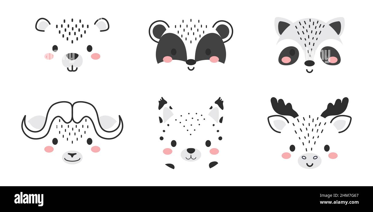 Cute collection of cartoon animal faces. Party decor for children ...