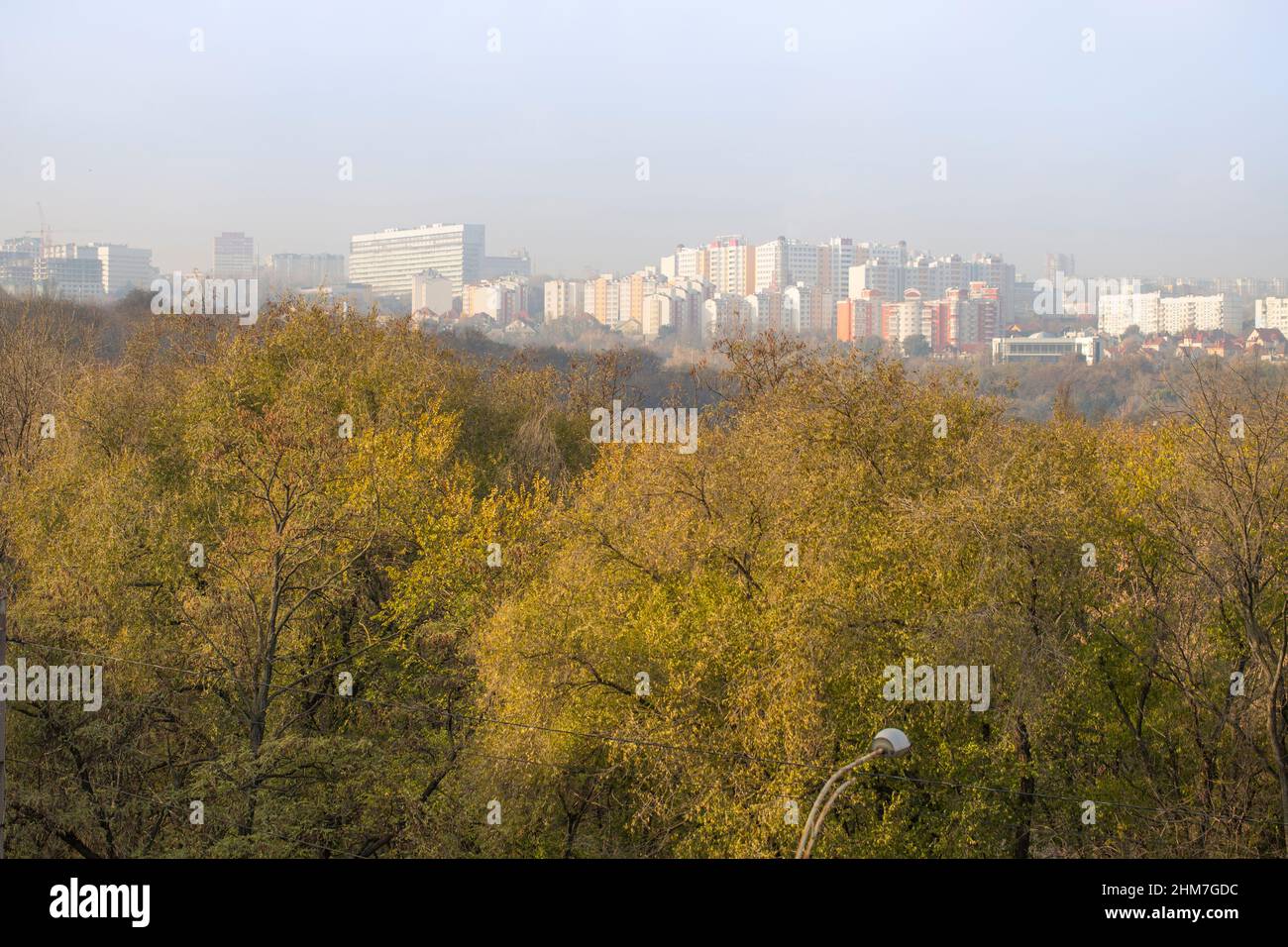 A city panorama, autumn trees in front and high buildings in background ...