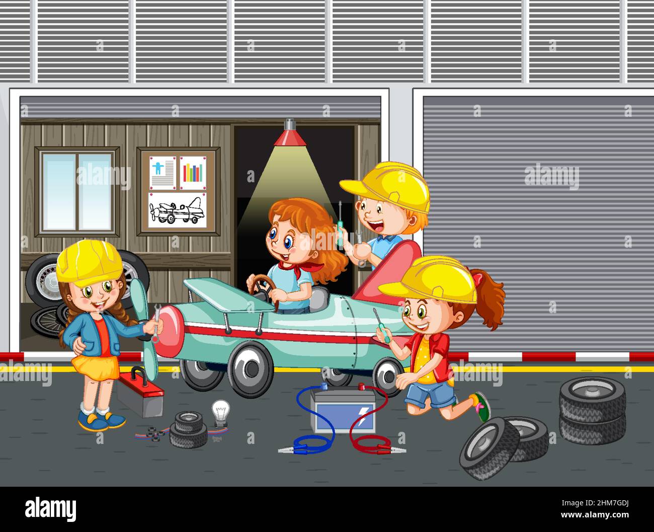 Children repairing a car together in the garage illustration Stock ...