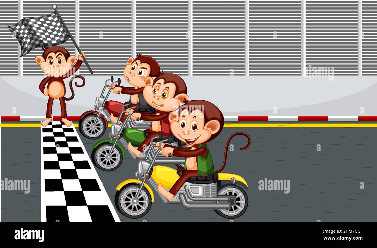 Race track scene with monkeys riding motorcycles illustration Stock ...