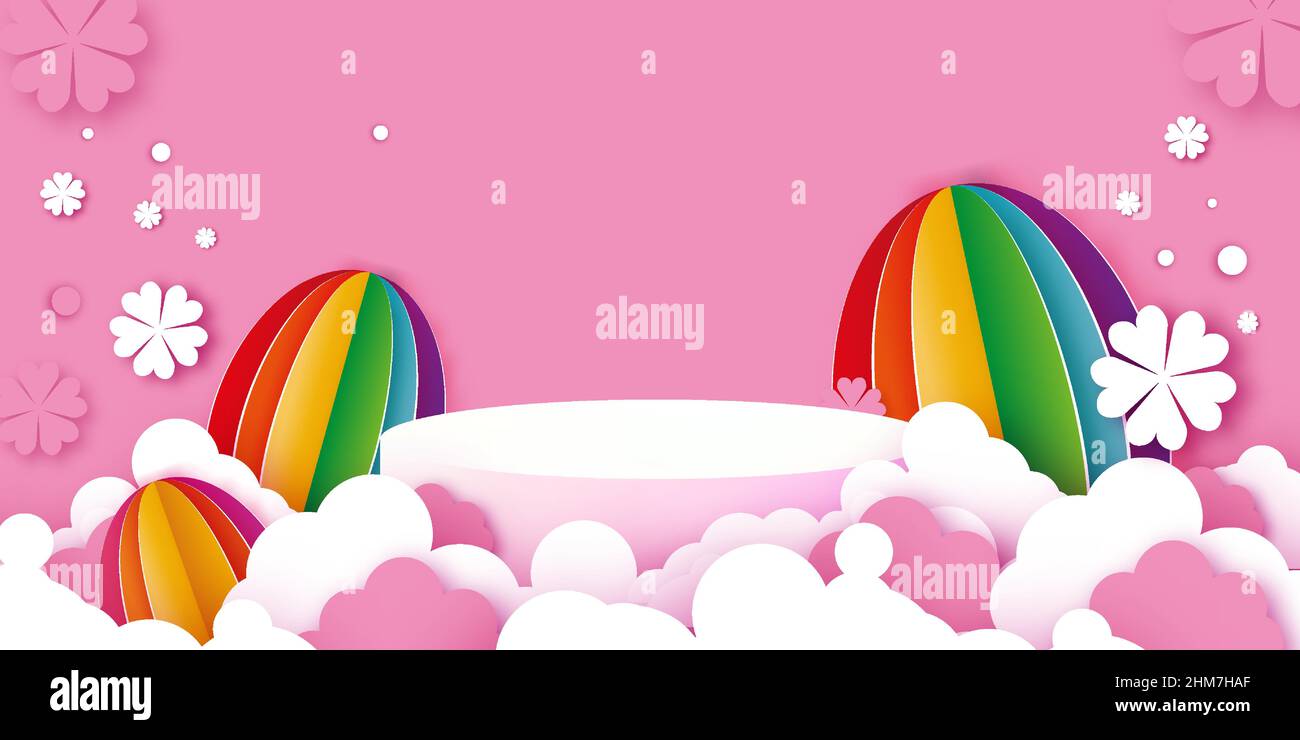 Happy Easter banner 3D Podium scene or pedestal on pink bg with paper ...