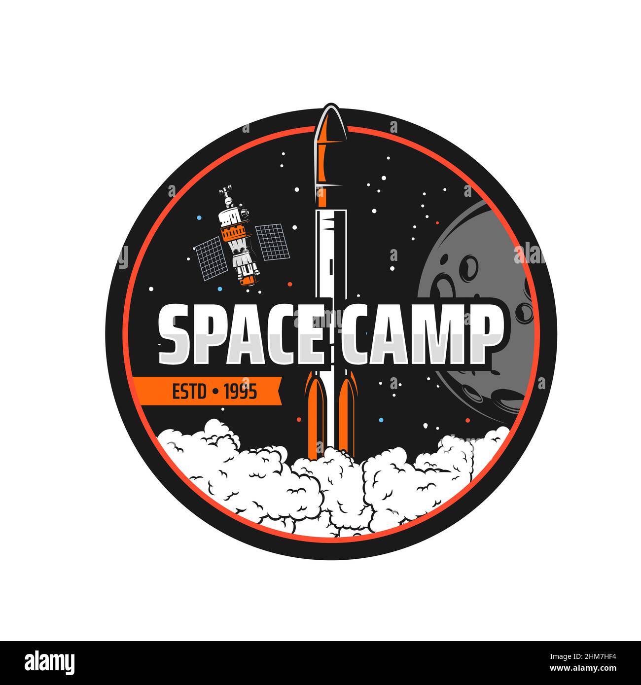 Space camp isolated icon with vector rocket, satellite, Moon planet and ...