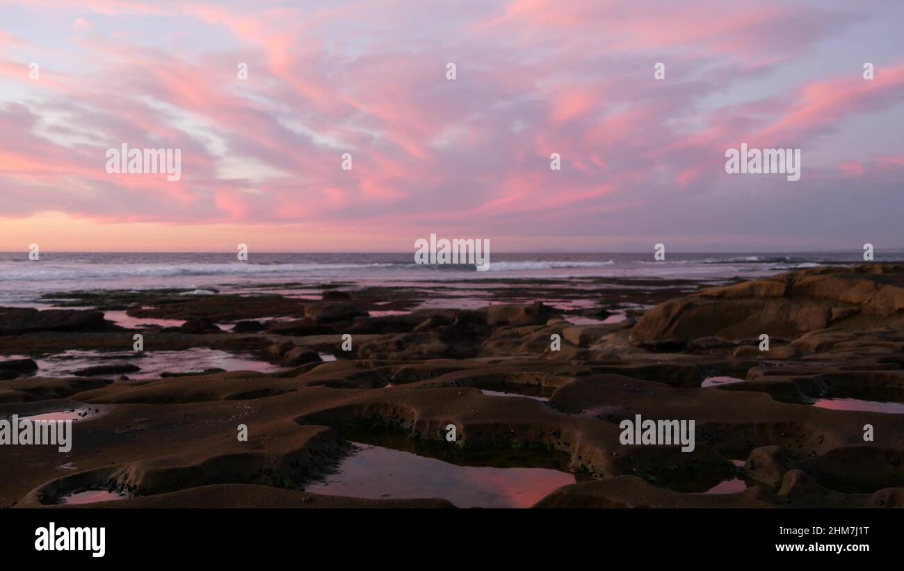 Eroded rock formation, tide pool shape in La Jolla, California coast ...