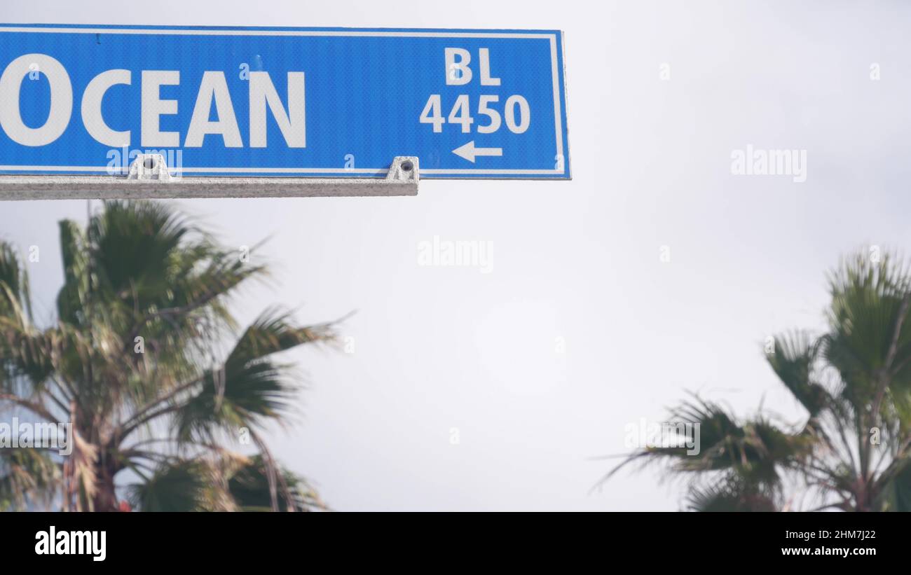 Ocean street road sign on crossroad, California city, USA. Waterfront ...