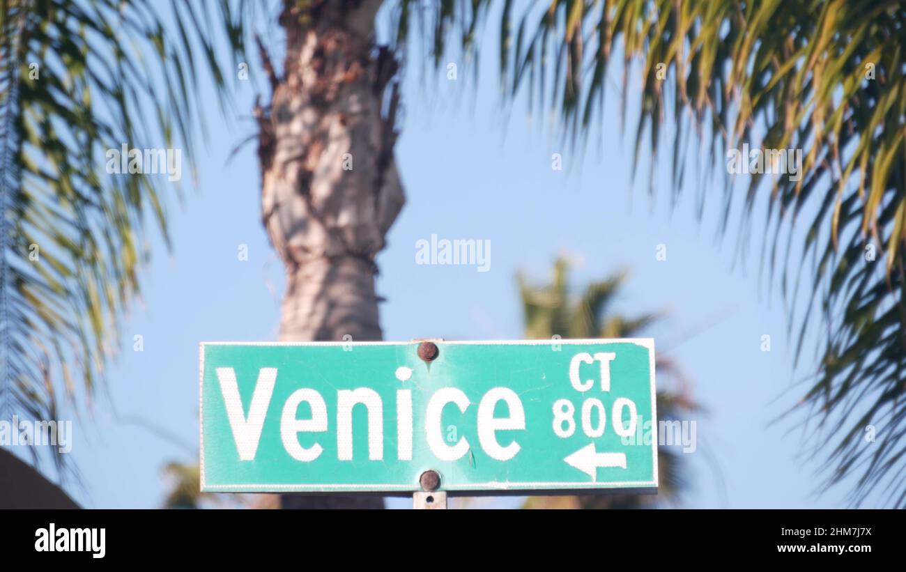 Venice beach road sign on crossroad, California city street, USA ...
