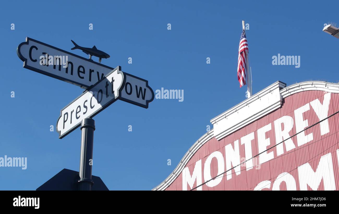 Red building, Cannery Row road sign, Monterey city, California tourist ...