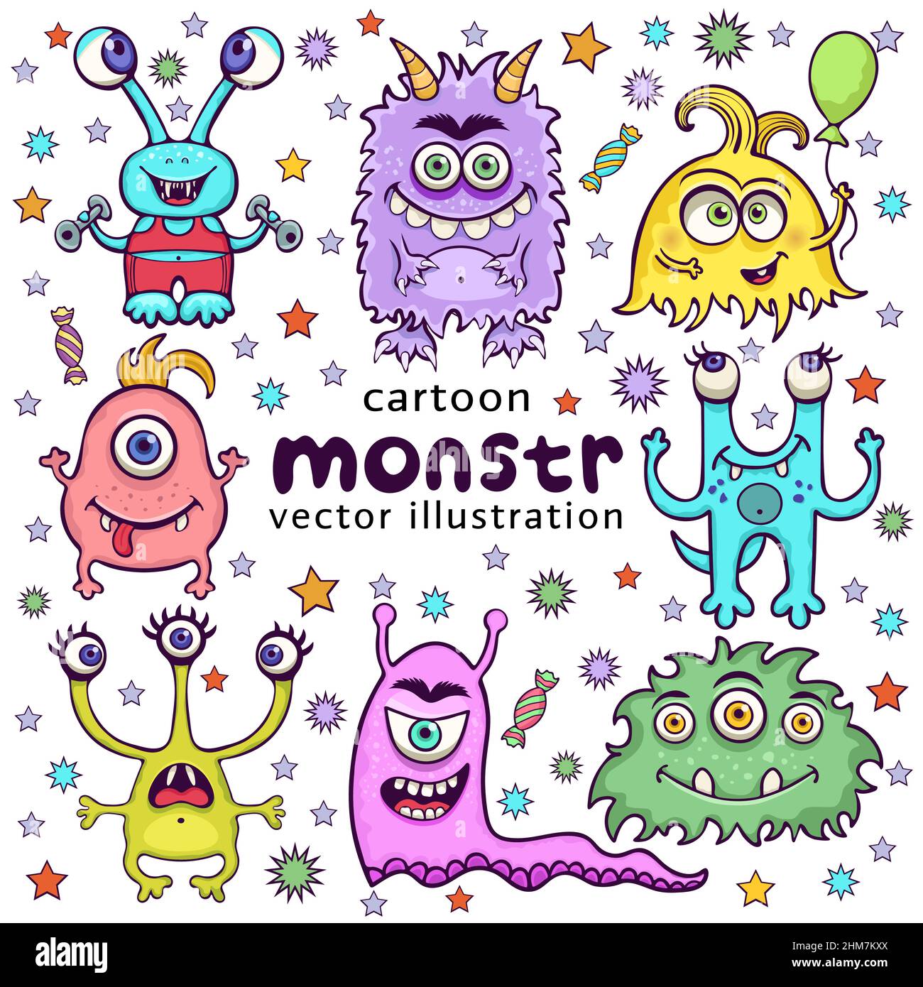 Set Of Cute Monsters Funny Cartoon Character Hand Drawing Collection