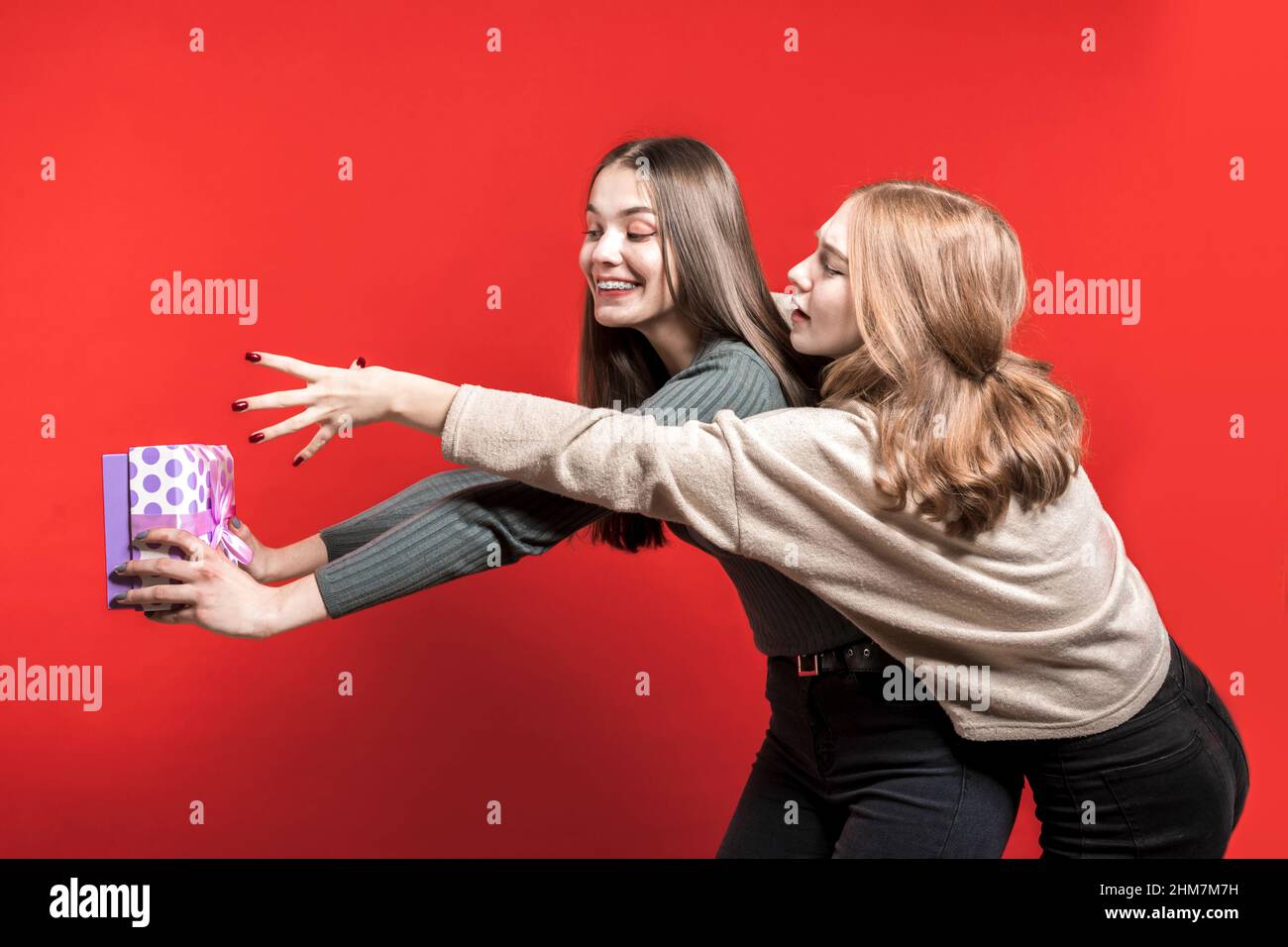 Gift exchange. Lovely girls are fooling around. A friend is trying to ...