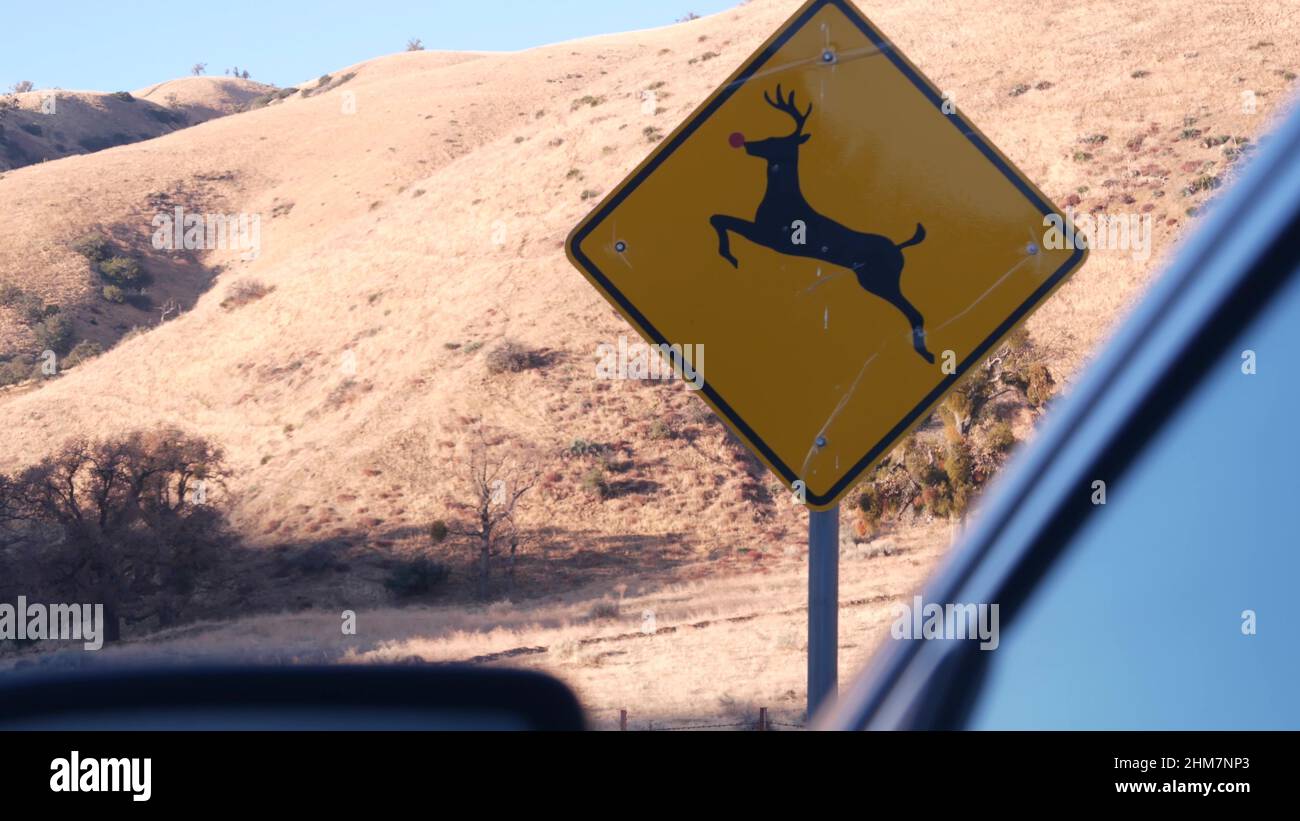 Deer crossing warning yellow sign, California USA. Wild animals xing ...