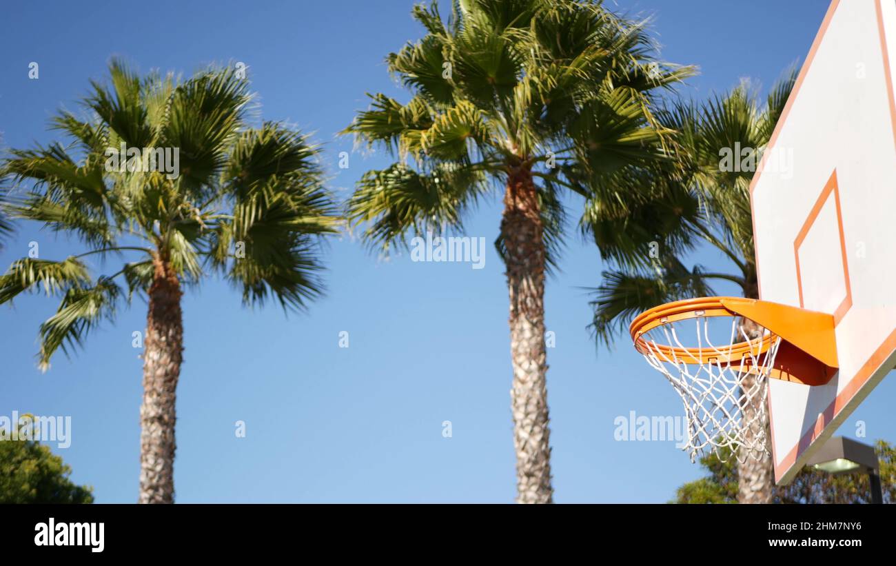 Orange hoop, net and backboard for basket ball game outside, basketball ...