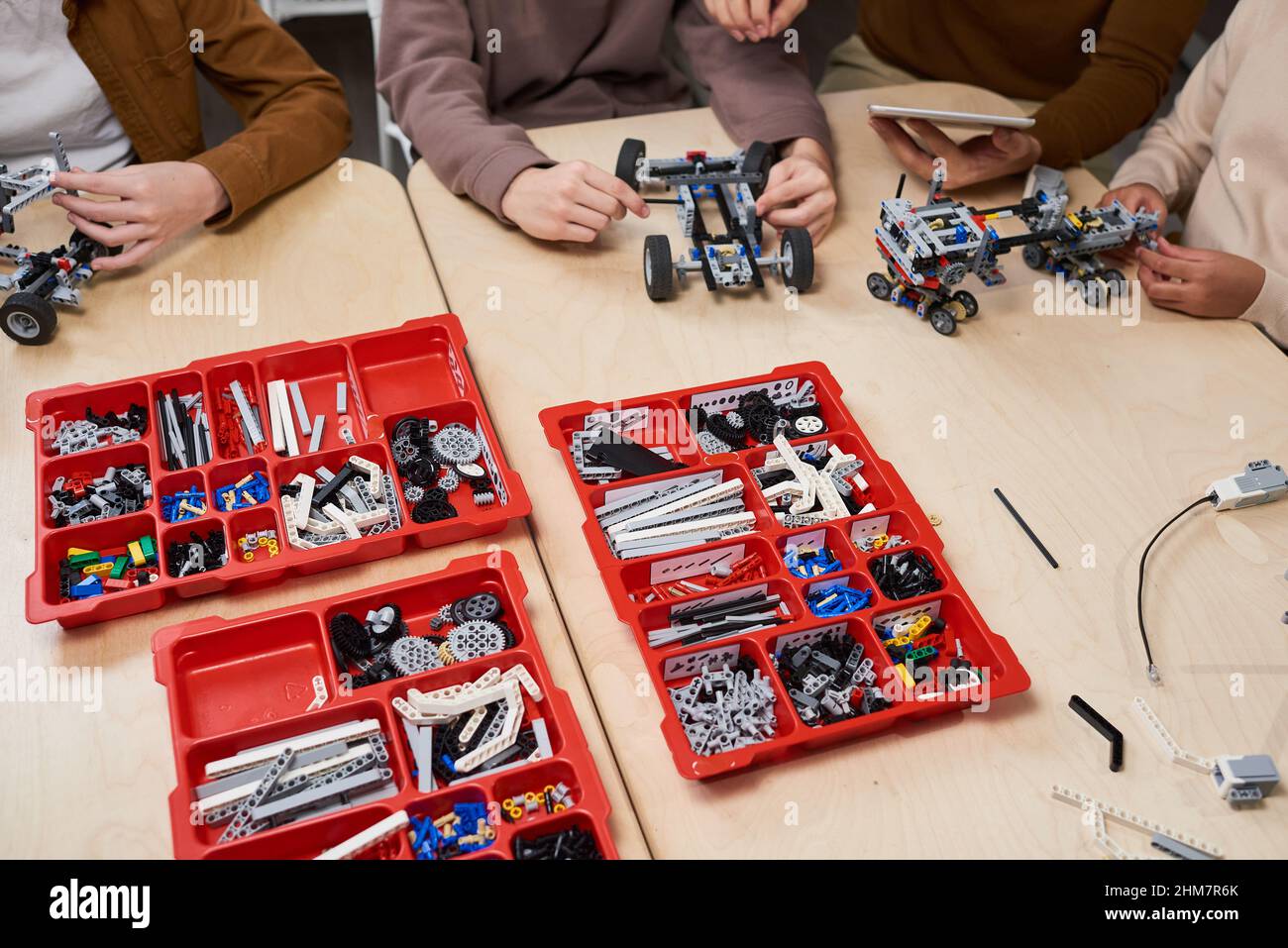 Construction set parts on table in robotics and engineer class at ...