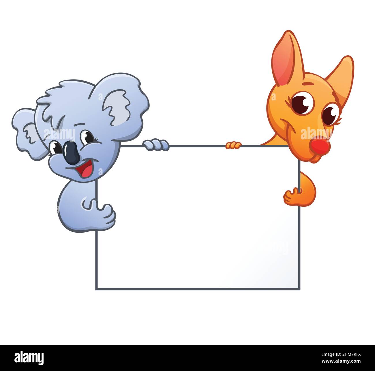 Cute smiling happy cartoon koala and kangaroo characters holding blank ...