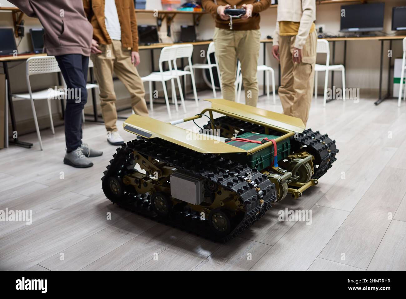 Background image of remote operated crawler robot in engineering class ...