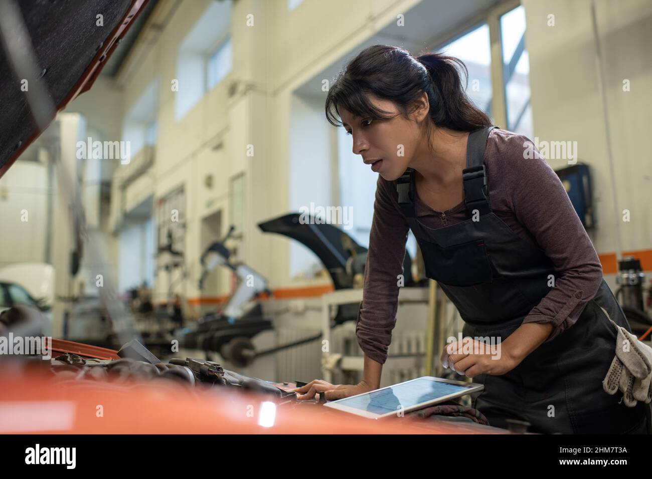 Side view portrait of young female mechanic looking under hood while ...