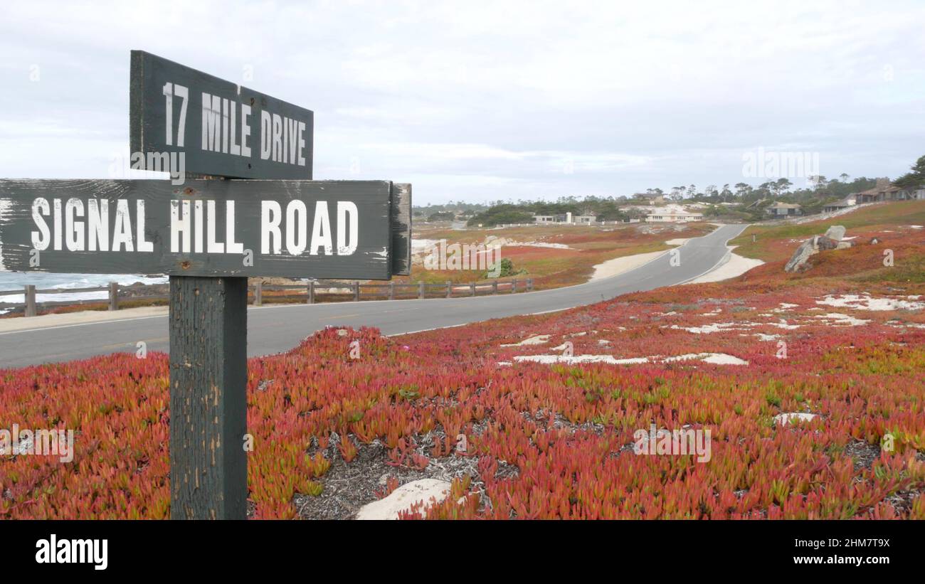 Scenic 17-mile drive wooden road sign, Monterey, California, USA ...