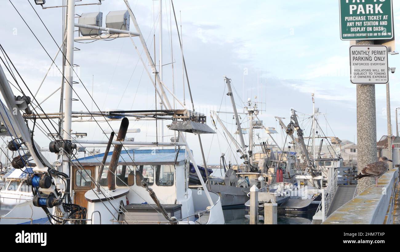 Fisherman boats in marina by pier or quay, ships or nautical vessels of ...