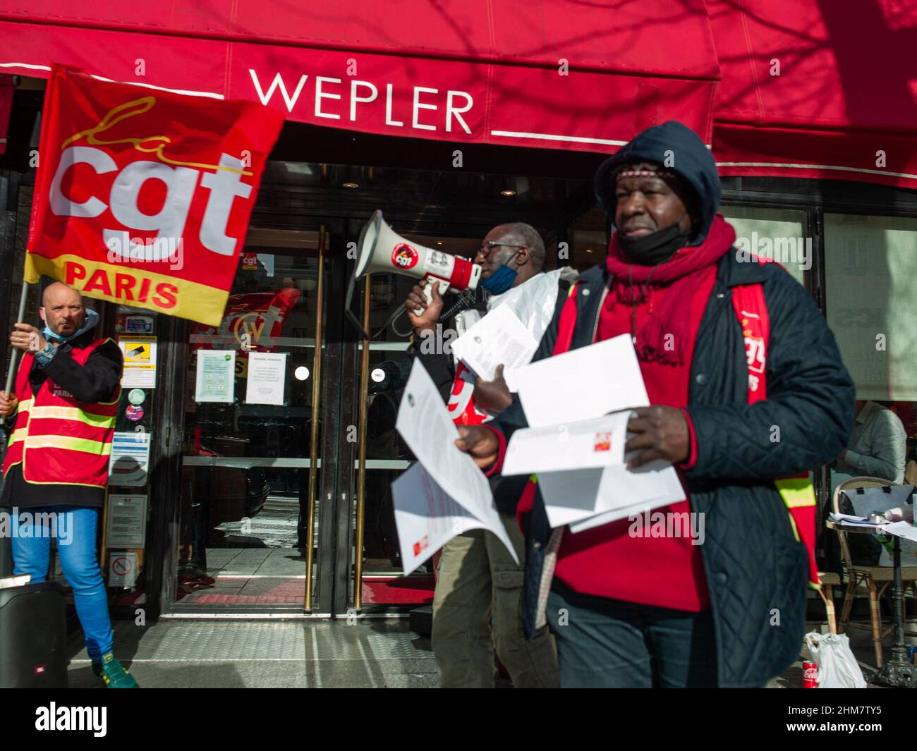 On-strike employees gather outside of the famous Wepler restaurant on ...