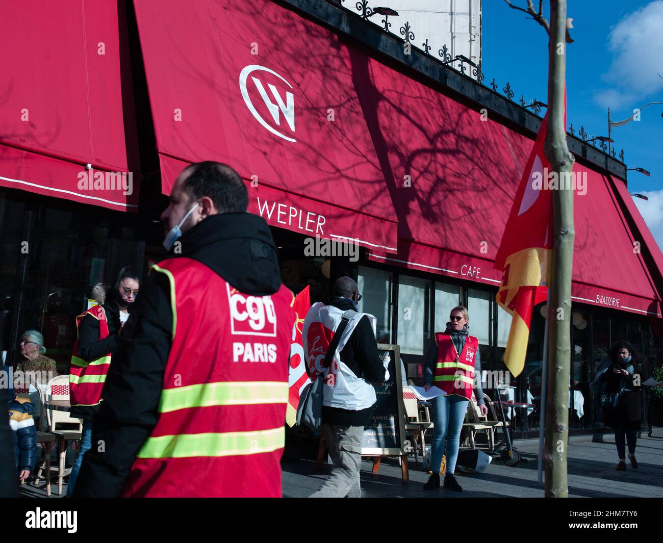 On-strike employees gather outside of the famous Wepler restaurant on ...