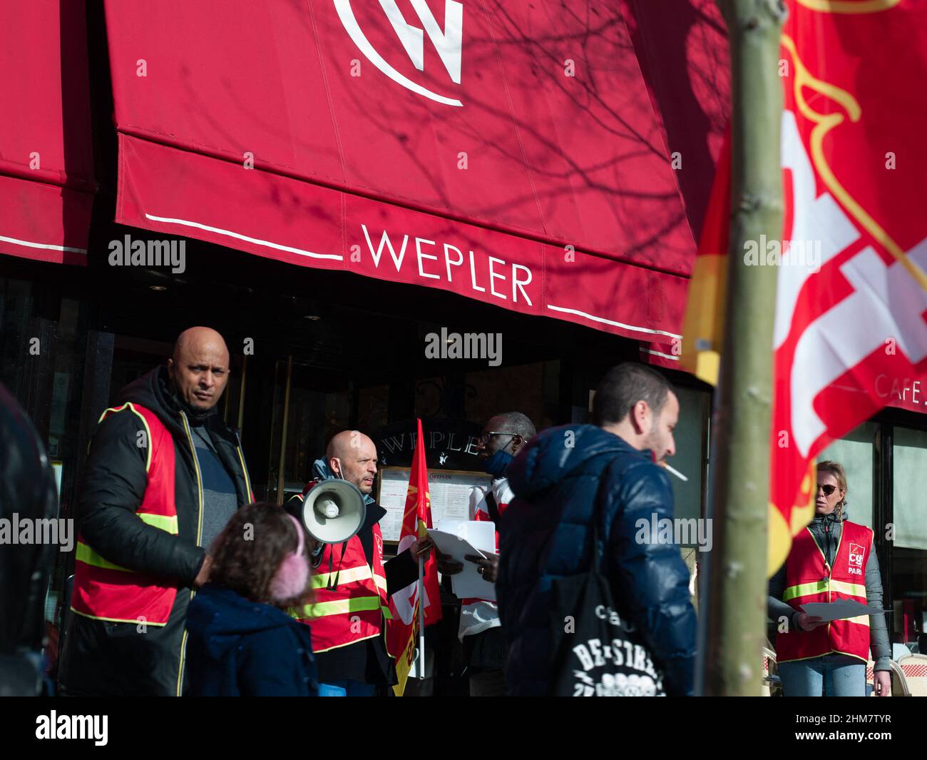 On-strike employees gather outside of the famous Wepler restaurant on ...