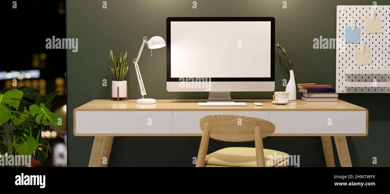 Modern contemporary home office workspace with pc desktop computer ...