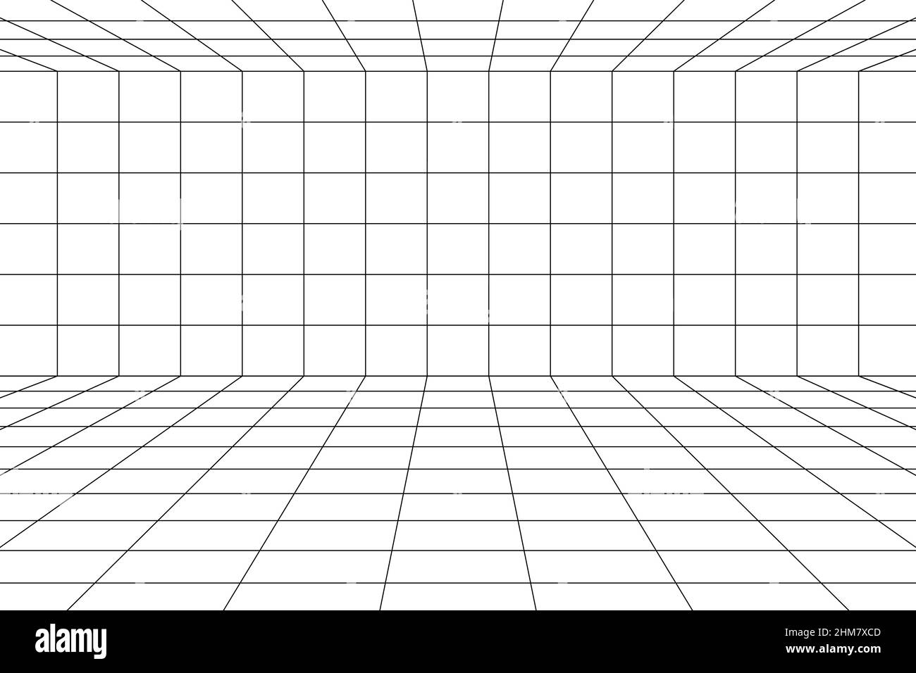 3D digital grid of ceiling, wall and floor of room space with one point ...