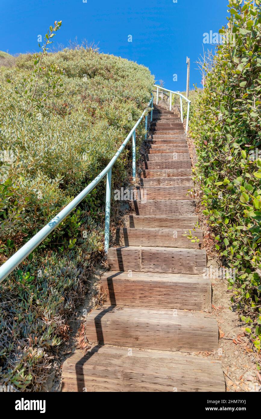 Uphill trail with wooden steps at San Clemente, California Stock Photo ...