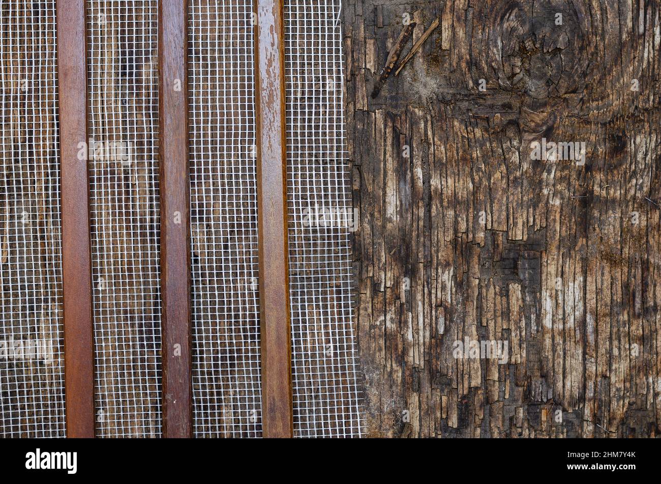 Three narrow wooden slats and a white grid on a dark wooden background ...