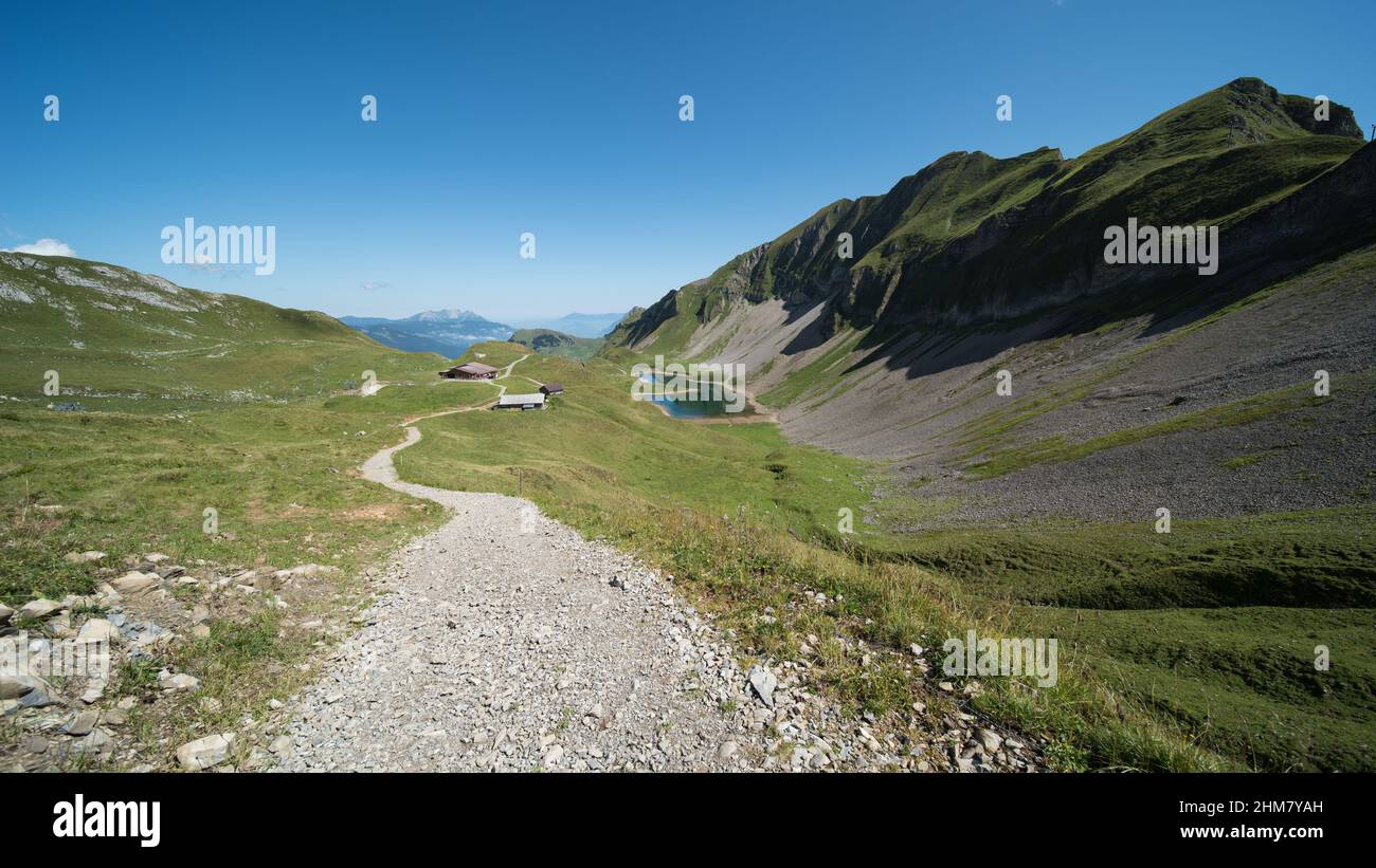 landscape in switzerland at the eisee 1900m. The lake is of natural ...