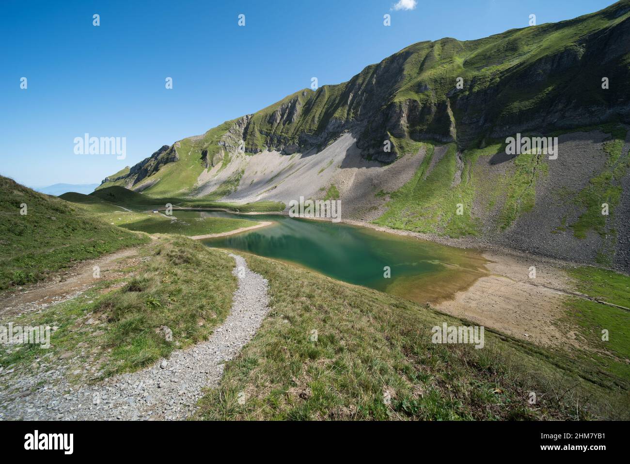 landscape in switzerland at the eisee 1900m. The lake is of natural ...