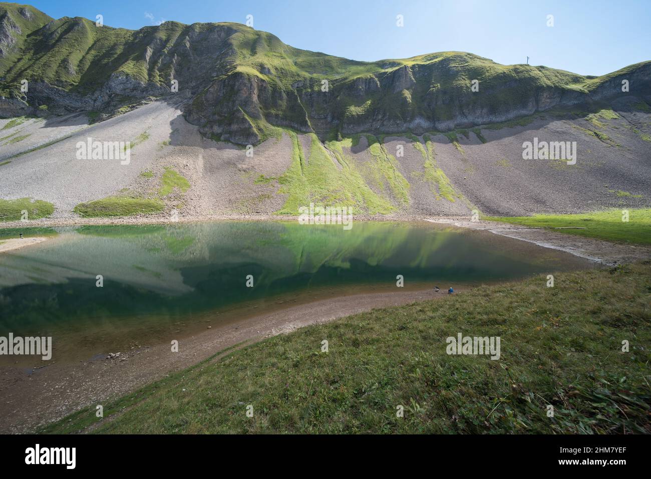 landscape in switzerland at the eisee 1900m. The lake is of natural ...