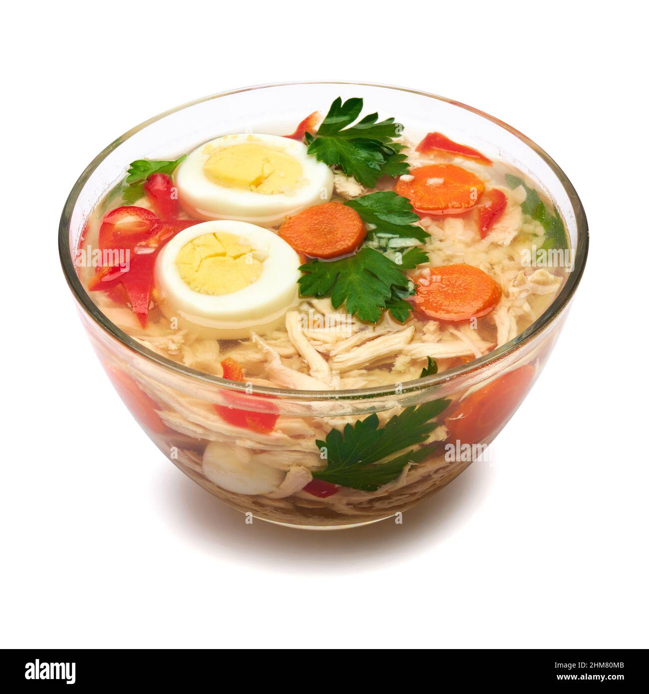 Delicious chicken aspic in glass bowl isolated on white background ...