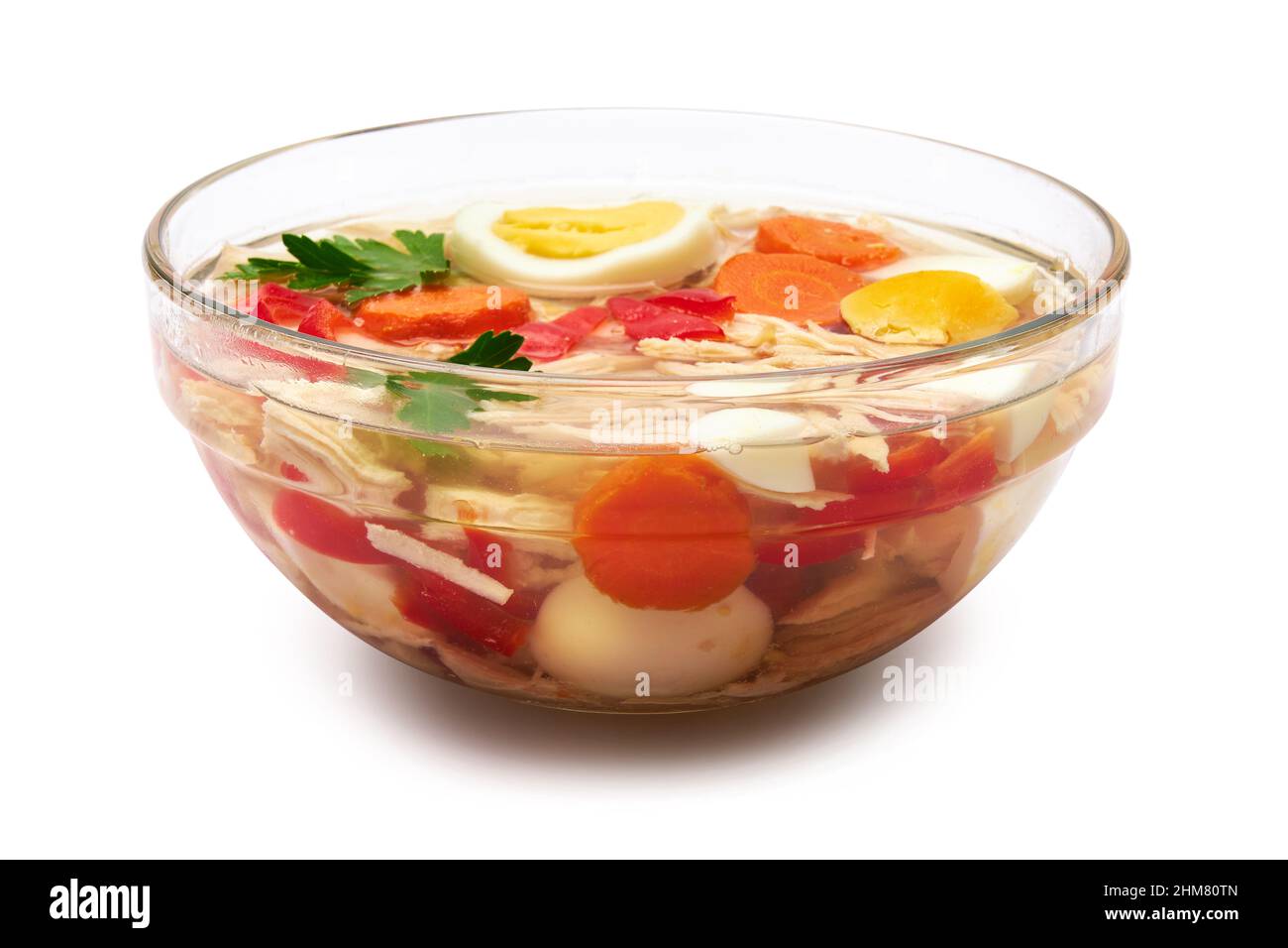 Delicious chicken aspic in glass bowl isolated on white background ...