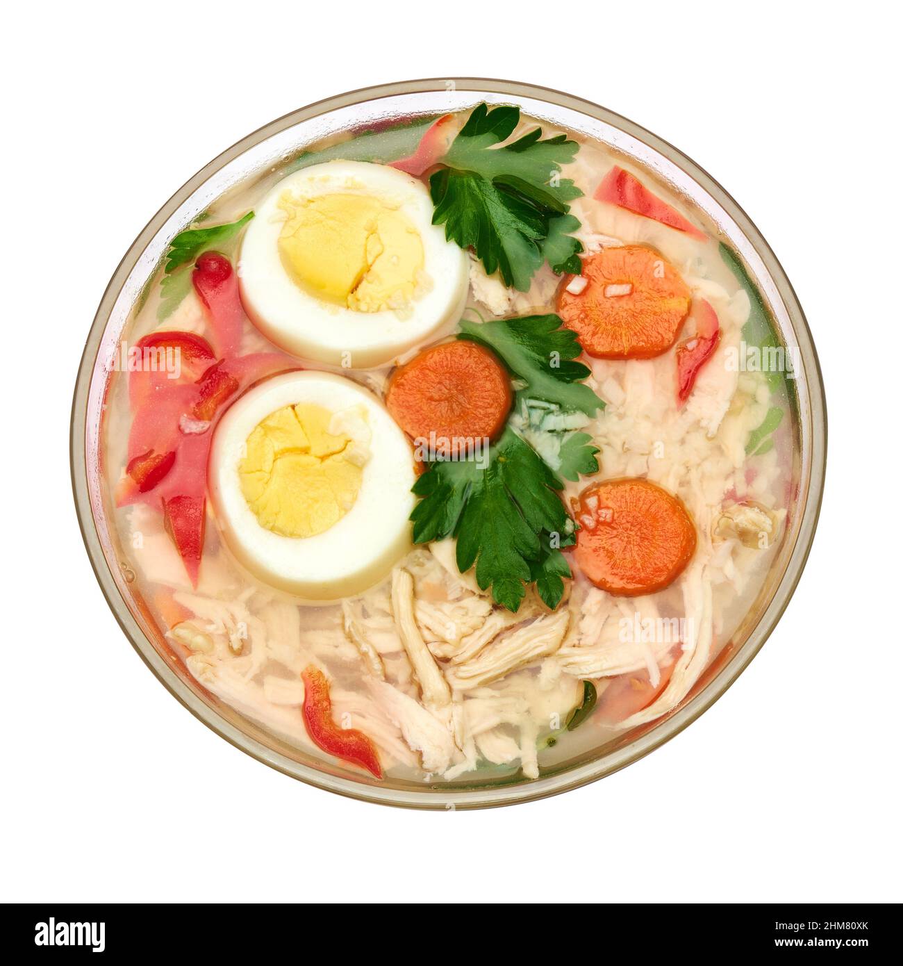 Delicious chicken aspic in glass bowl isolated on white background ...