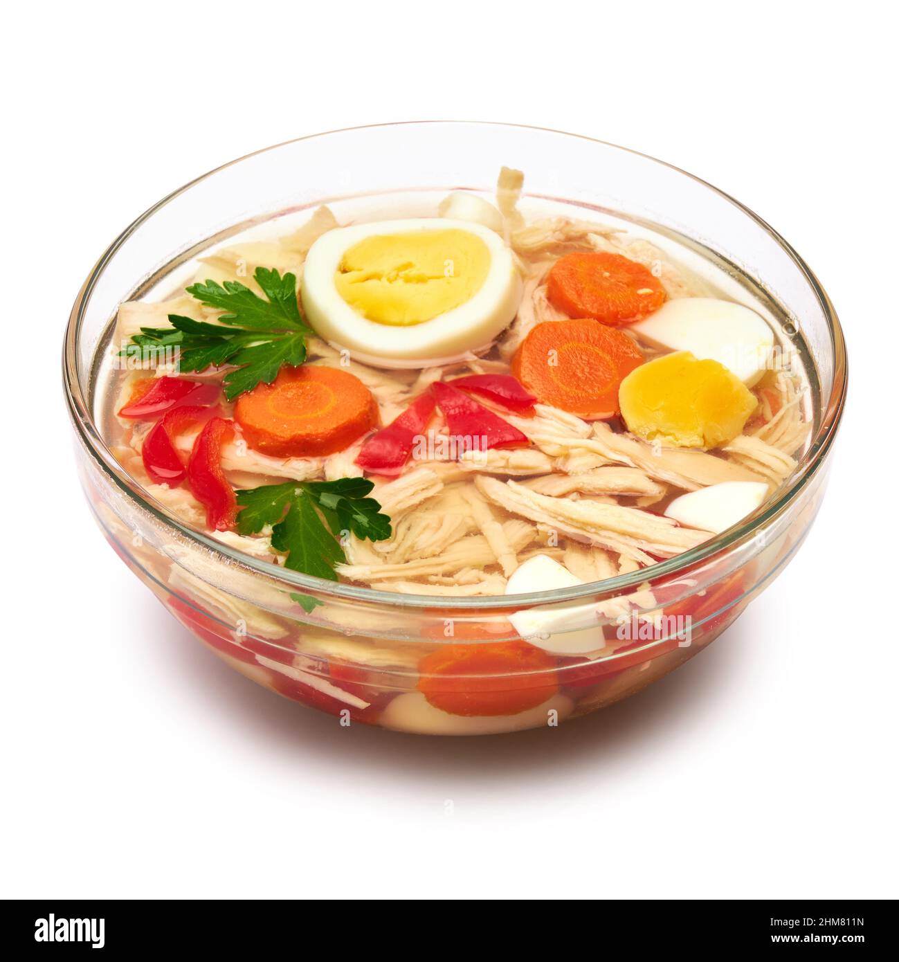 Delicious chicken aspic in glass bowl isolated on white background ...