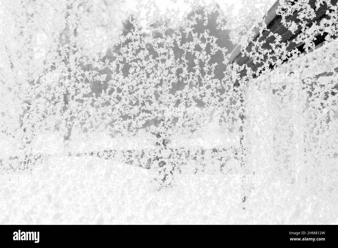 A snowy window, wet clusters during a blizzard. View from indoor ...