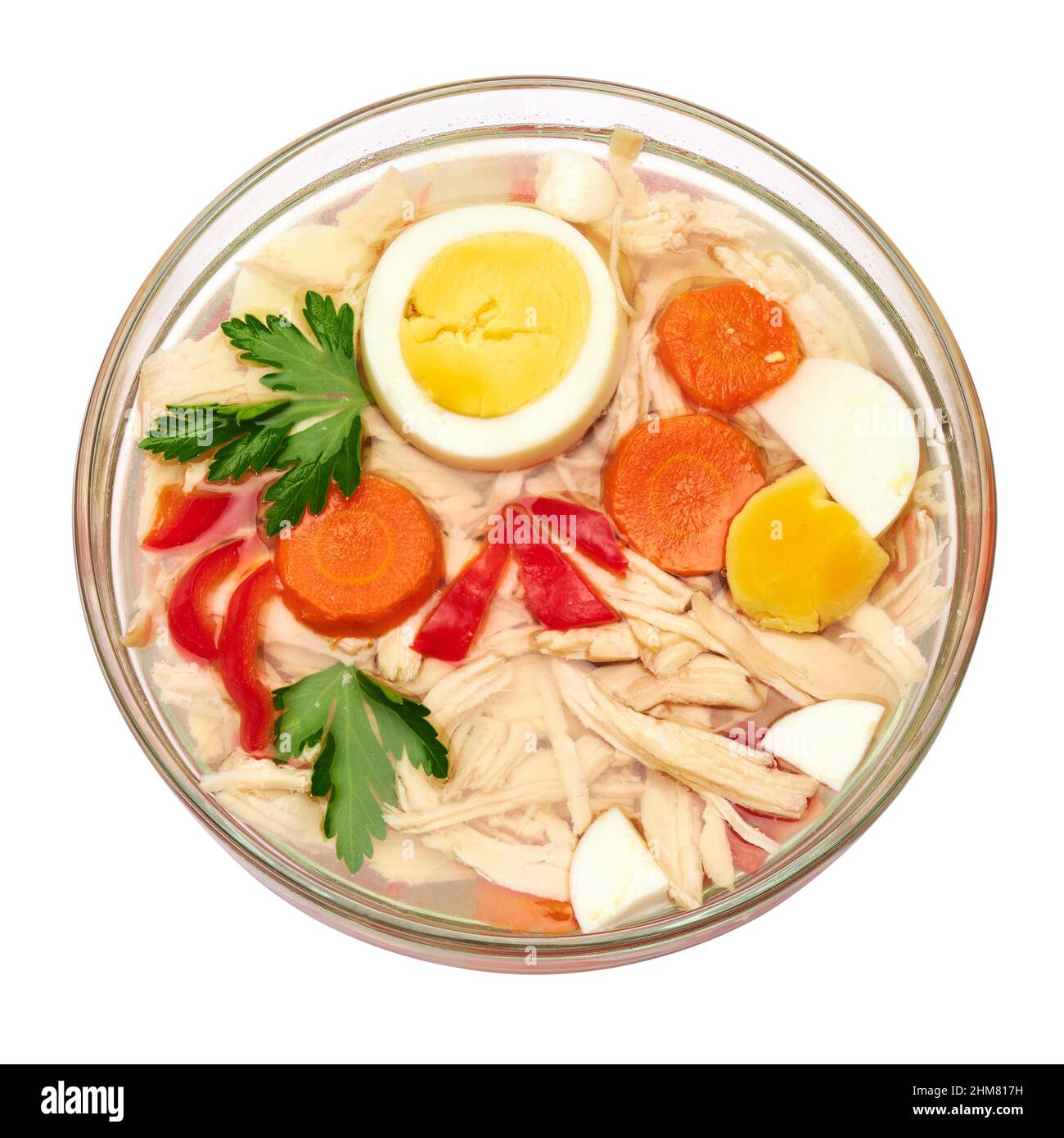 Delicious chicken aspic in glass bowl isolated on white background ...