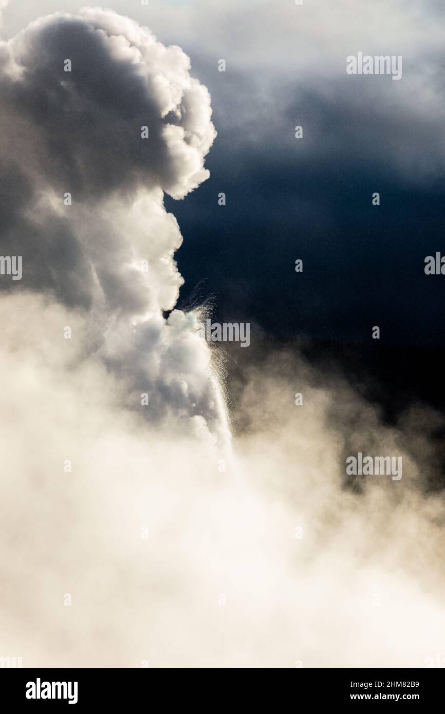 Close focus on exploding smoke of old Faithful, famous geyser of ...
