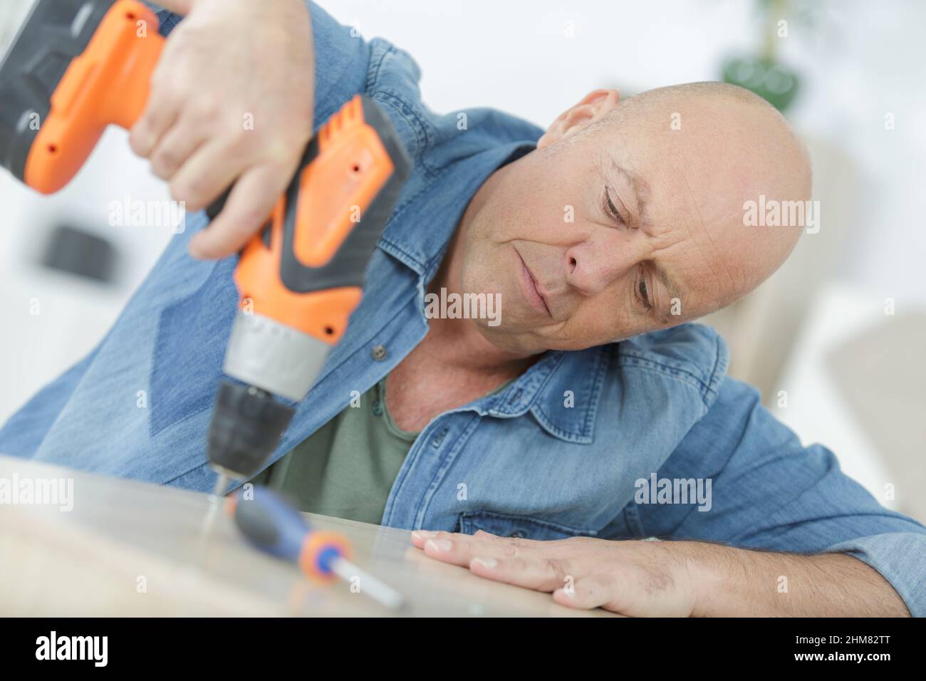 wooden workshop table with tools Stock Photo - Alamy