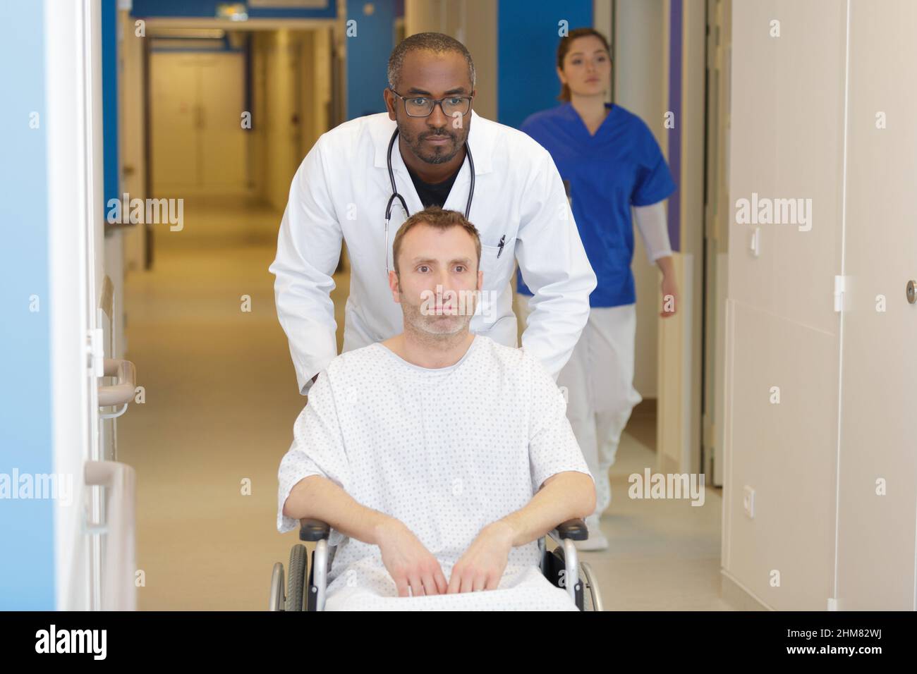 male doctor pushing patient on a wheelchair Stock Photo - Alamy