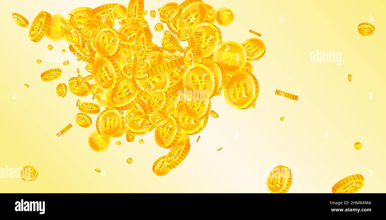 Korean won coins falling. Good-looking scattered WON coins. Korea money ...