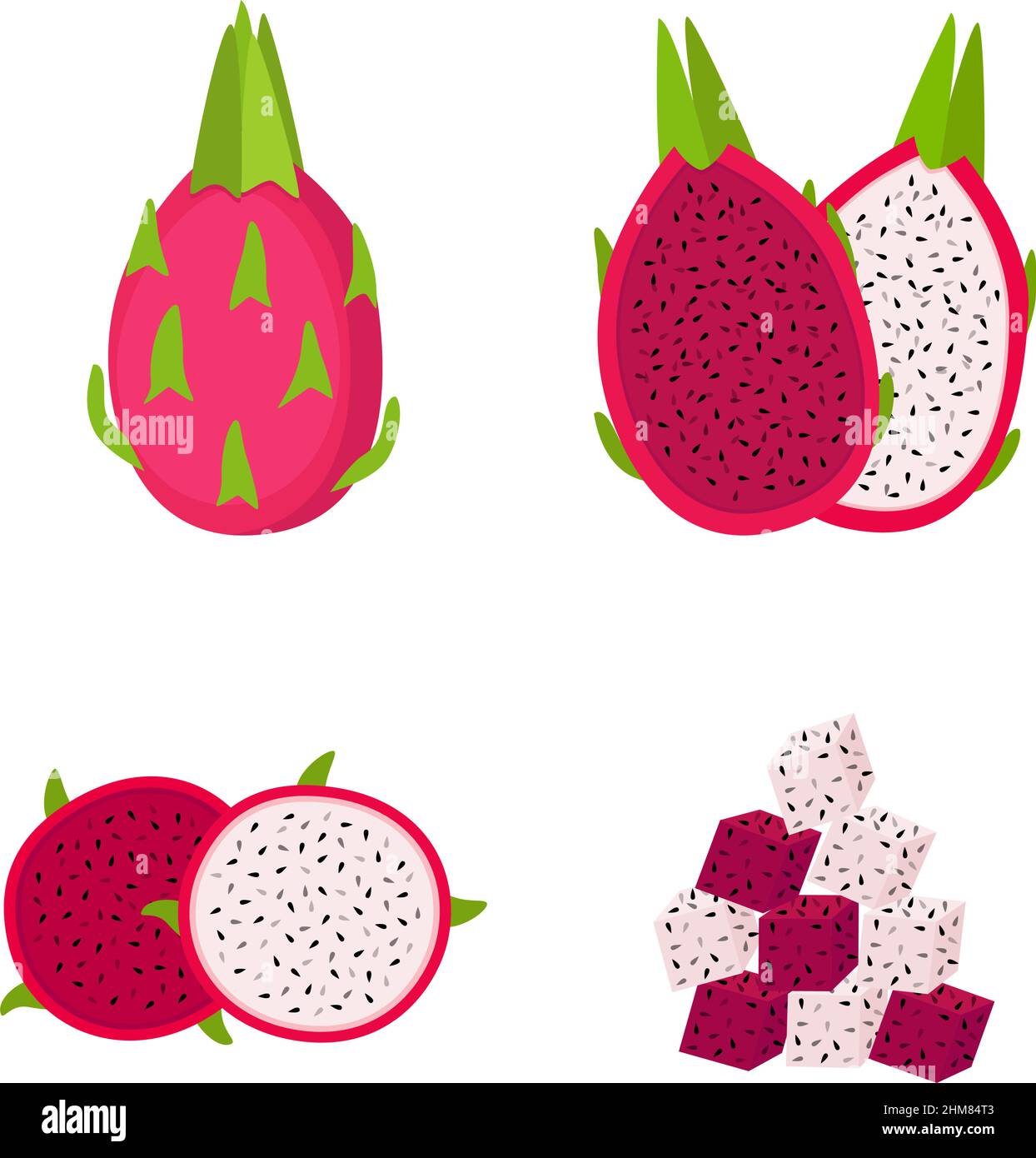 Dragon fruit, whole fruit, half and slices, on white background, vector ...