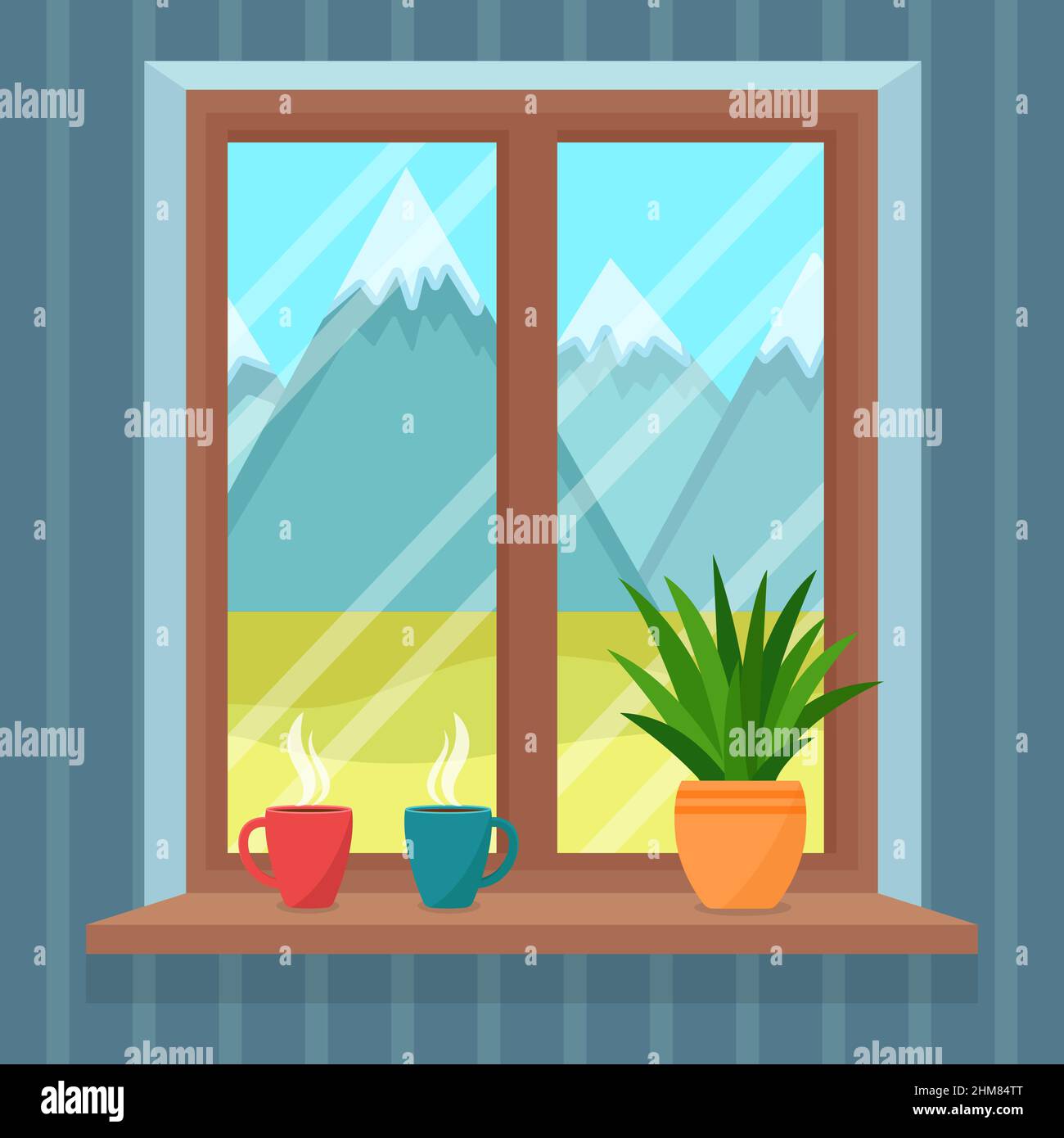 Window overlooking the beautiful landscape with mountains, vector ...