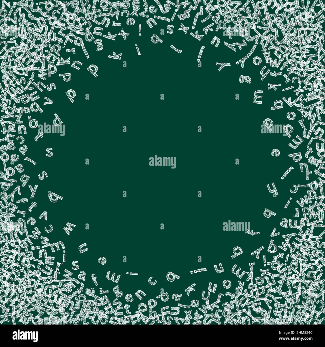 Falling letters of English language. Childish chalk flying words of Latin alphabet. Foreign ...