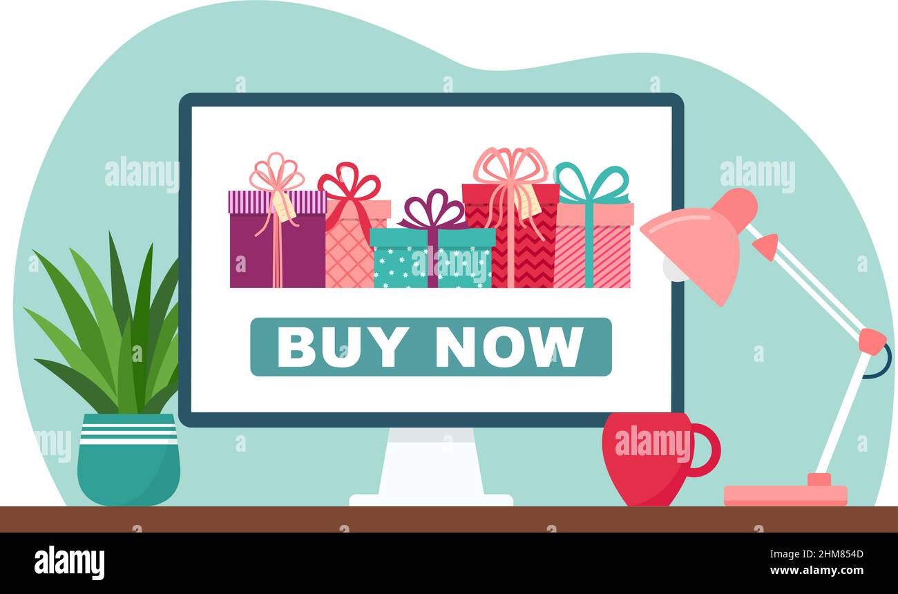 Online shopping gifts, computer screen with presents, vector ...